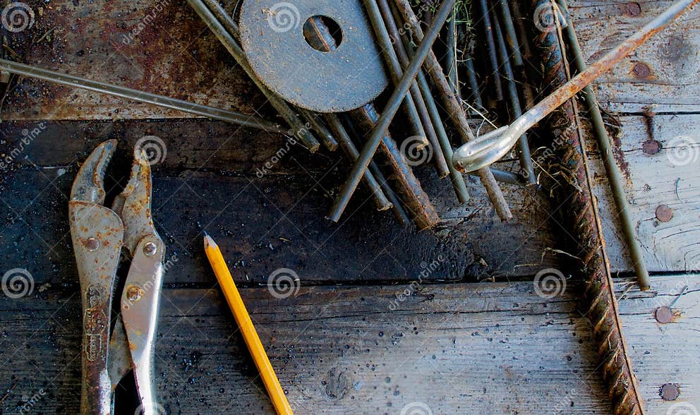 Rusty Tools on Old Workbench Background Stock Image - Image of ...