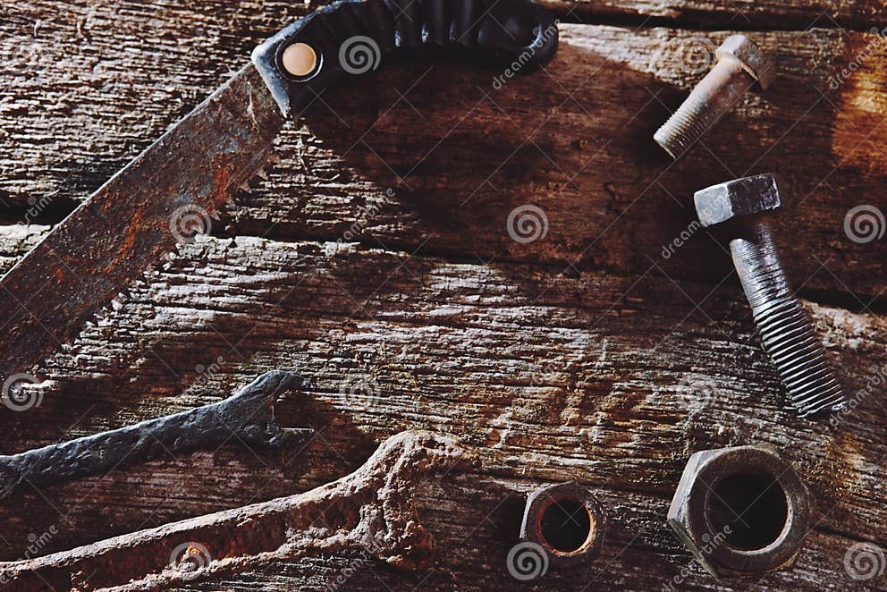 Rusty tools stock photo. Image of retro, board, wood - 137391594