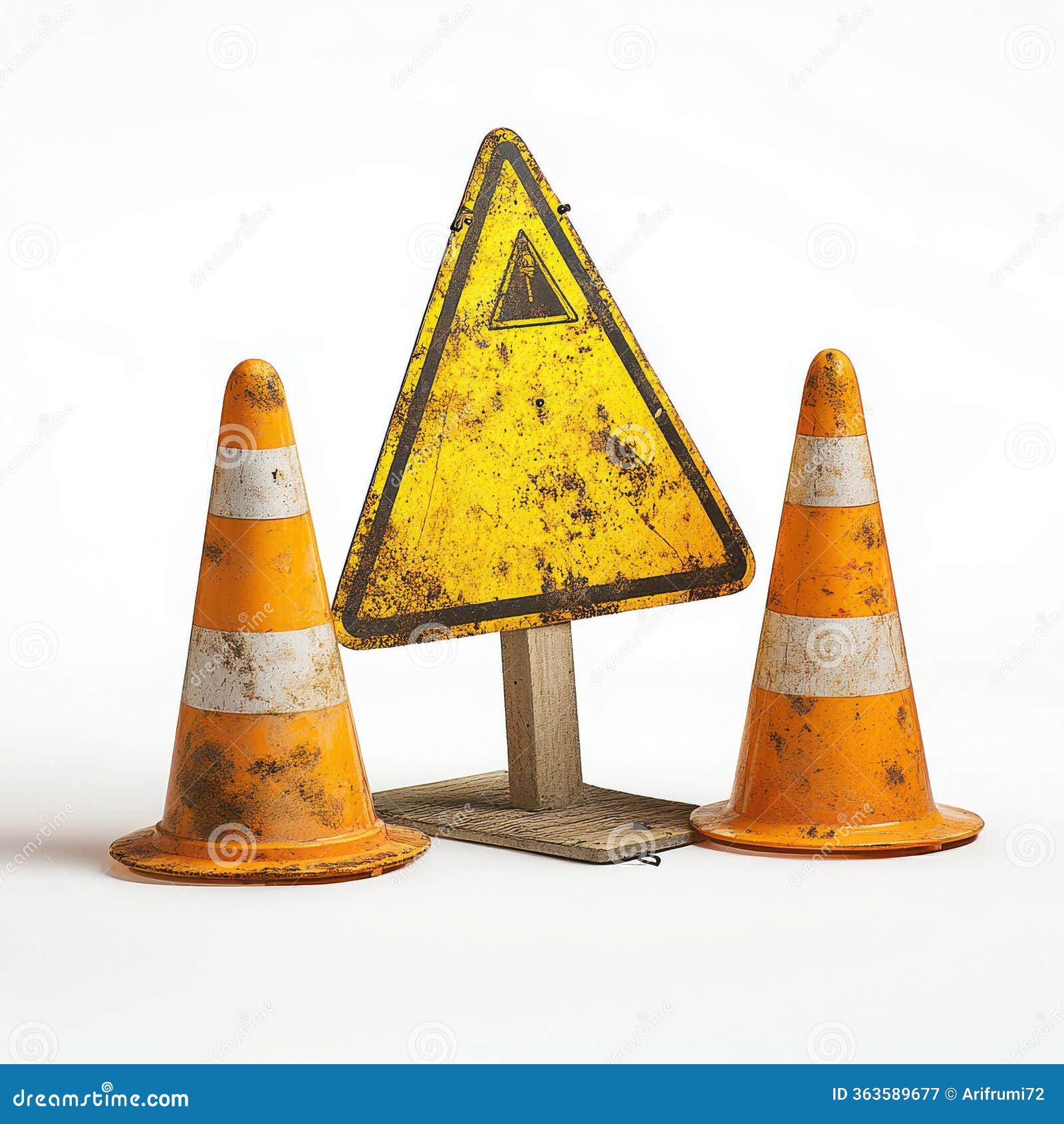 Rusty Traffic Cones And Warning Sign Roadwork Safety Construction ...