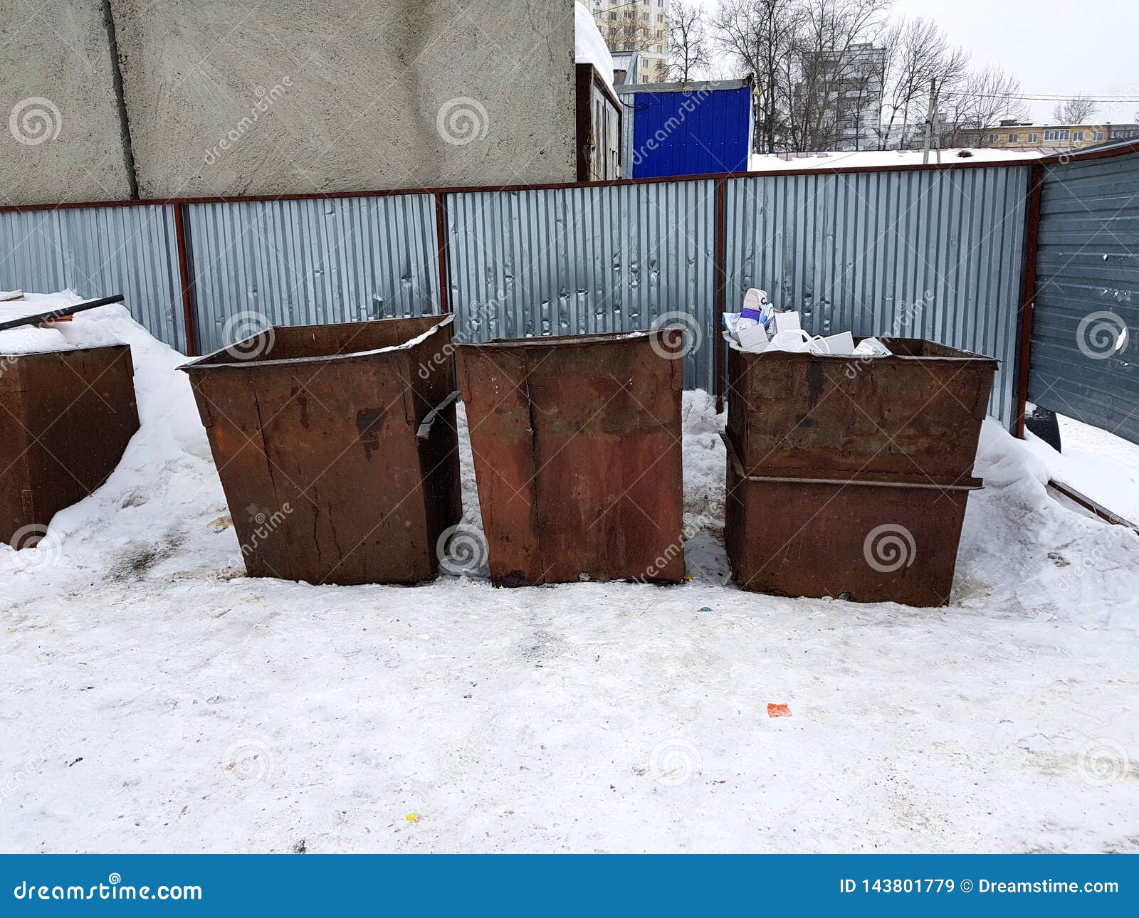 Rusty Trash Cans on the Snow in Winter Stock Image - Image of waste ...