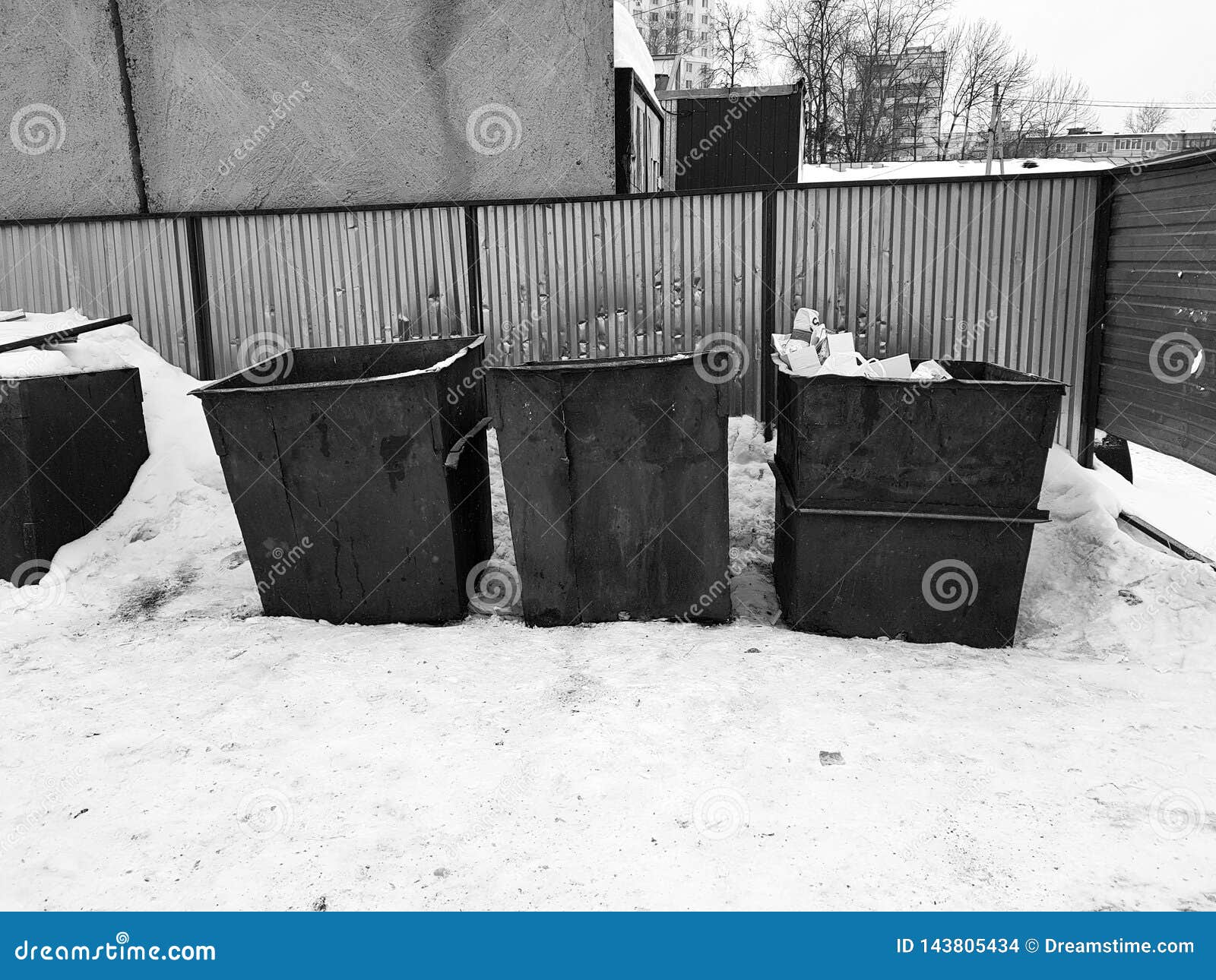Rusty Trash Cans on the Snow in Winter Stock Photo - Image of storage ...