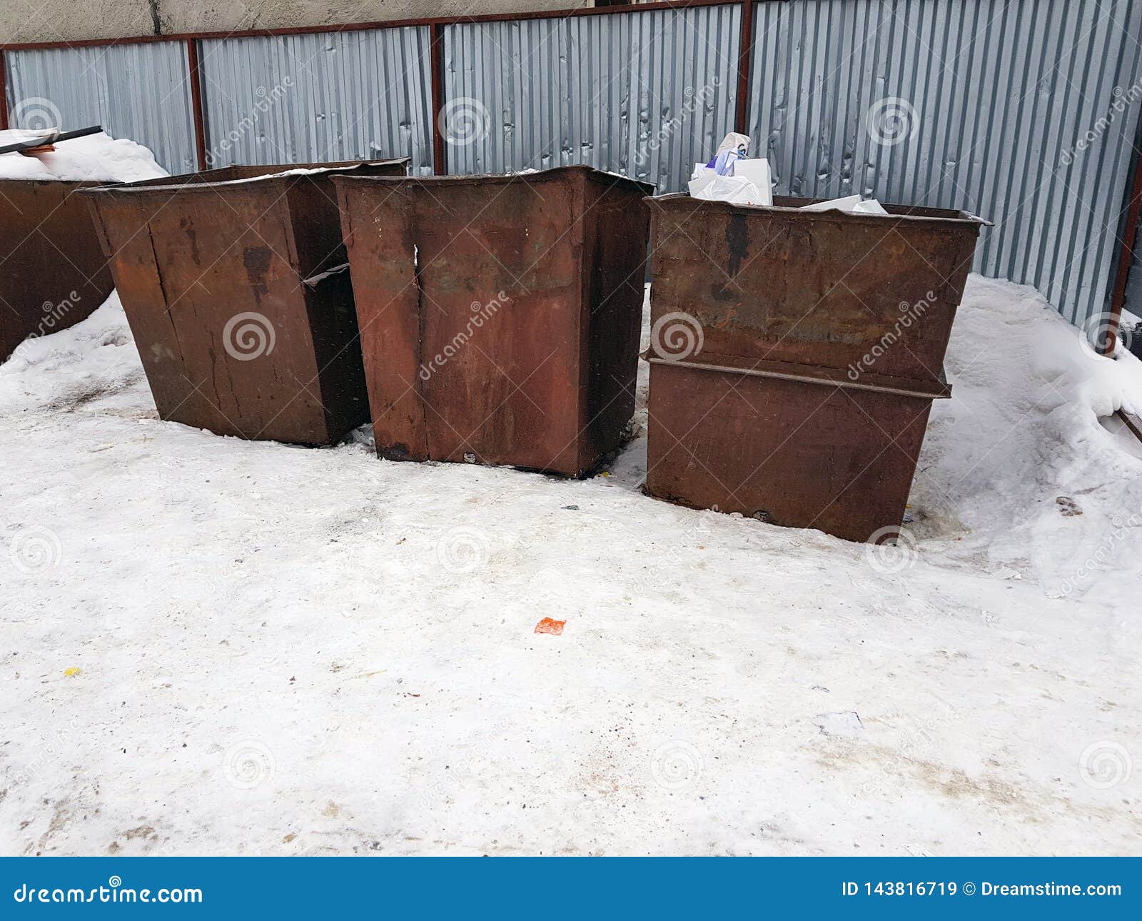 Rusty Trash Cans on the Snow in Winter Stock Image - Image of ...