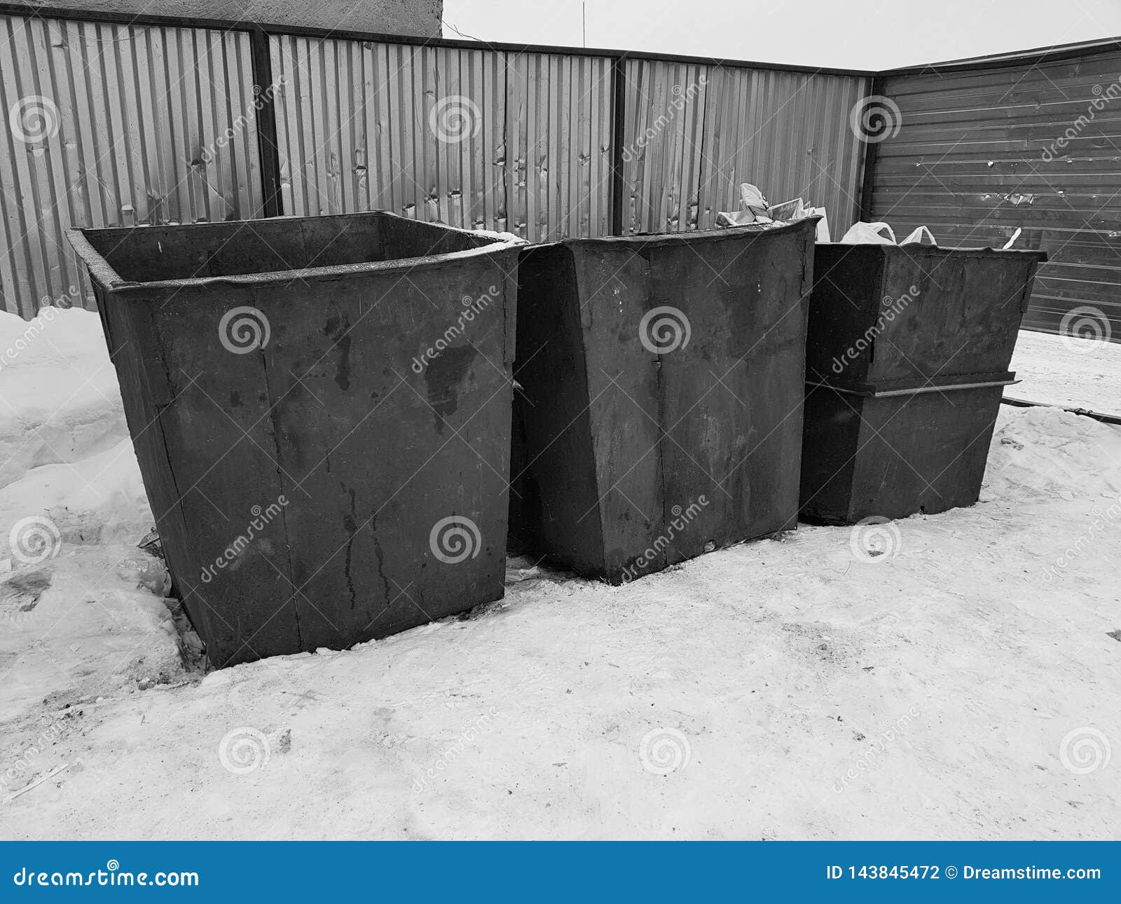 Rusty Trash Cans on the Snow in Winter Stock Photo - Image of waste ...