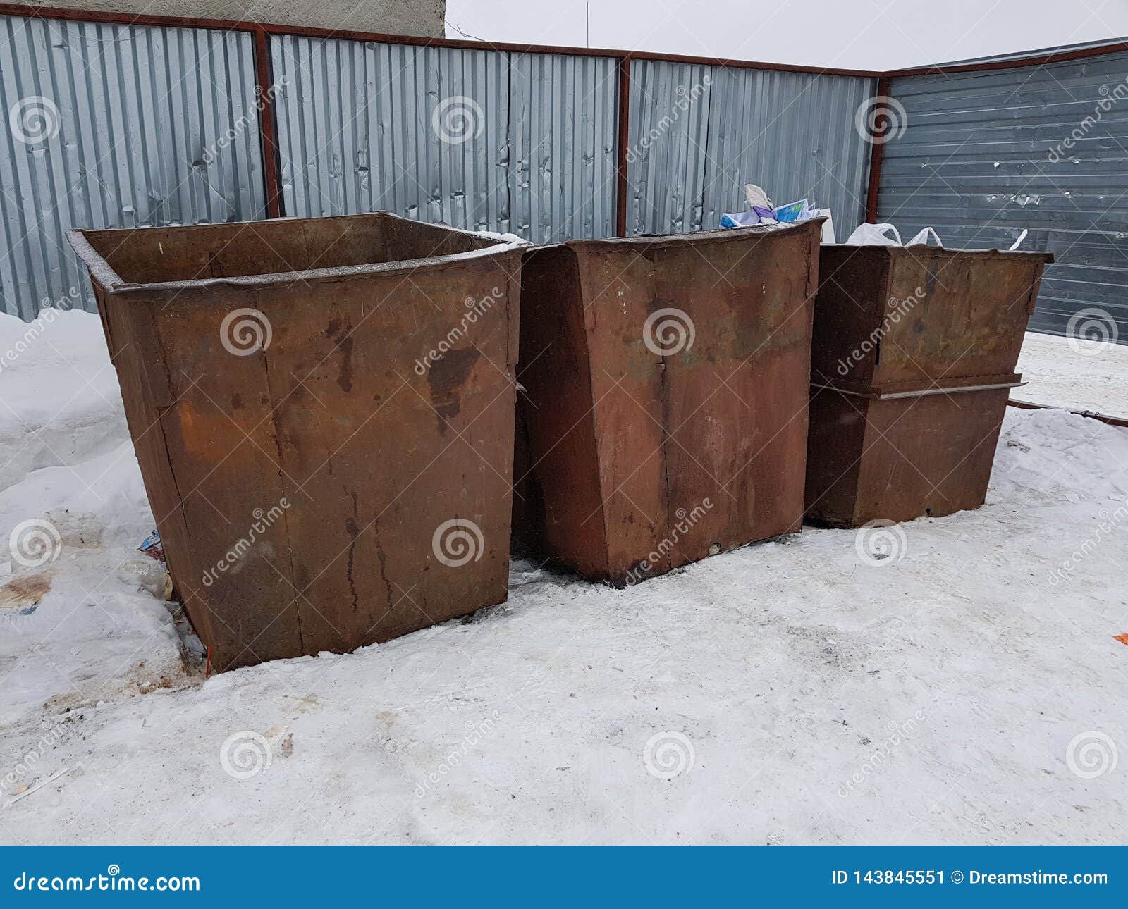 Rusty Trash Cans on the Snow in Winter Stock Image - Image of vintage ...