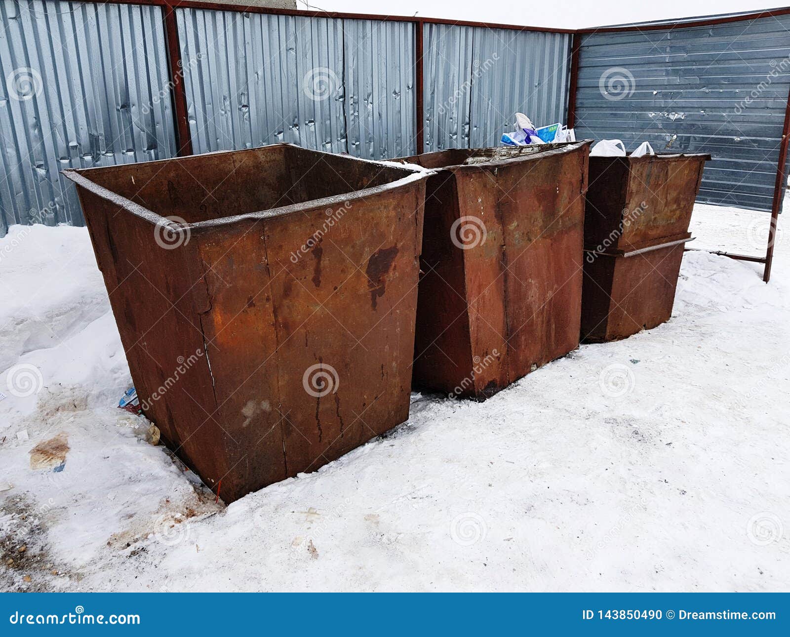 Rusty Trash Cans on the Snow in Winter Stock Photo - Image of empty ...