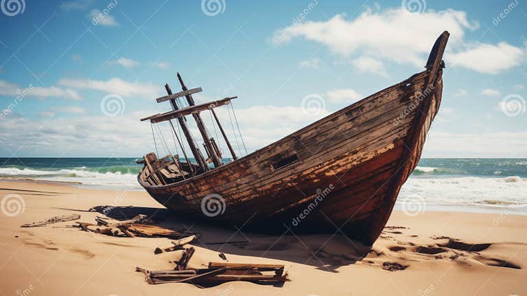 Rusty Vintage Shipwreck Stranded on Beach Stock Illustration ...