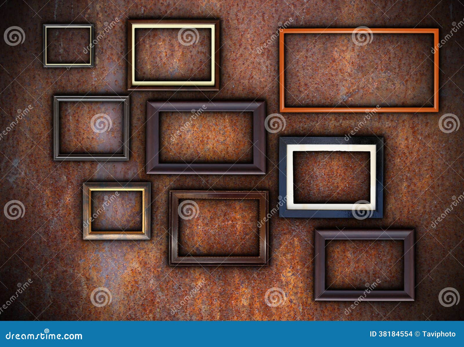 Rusty Wall Full of Empty Frames Stock Photo - Image of photograph ...