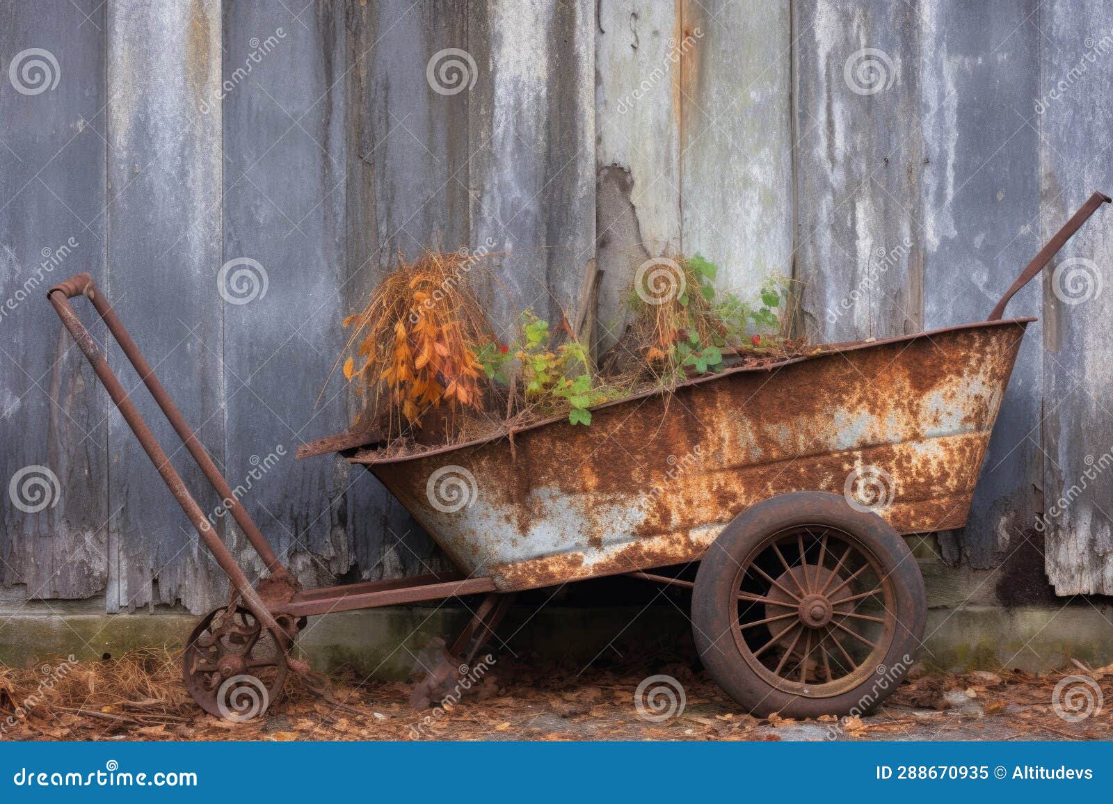 Rusty Wheelbarrow Leaning Against a Weathered Barn Wall Stock Image ...
