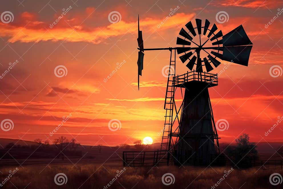 Rusty Windmill Silhouette Against Sunset Stock Photo - Image of dusk ...