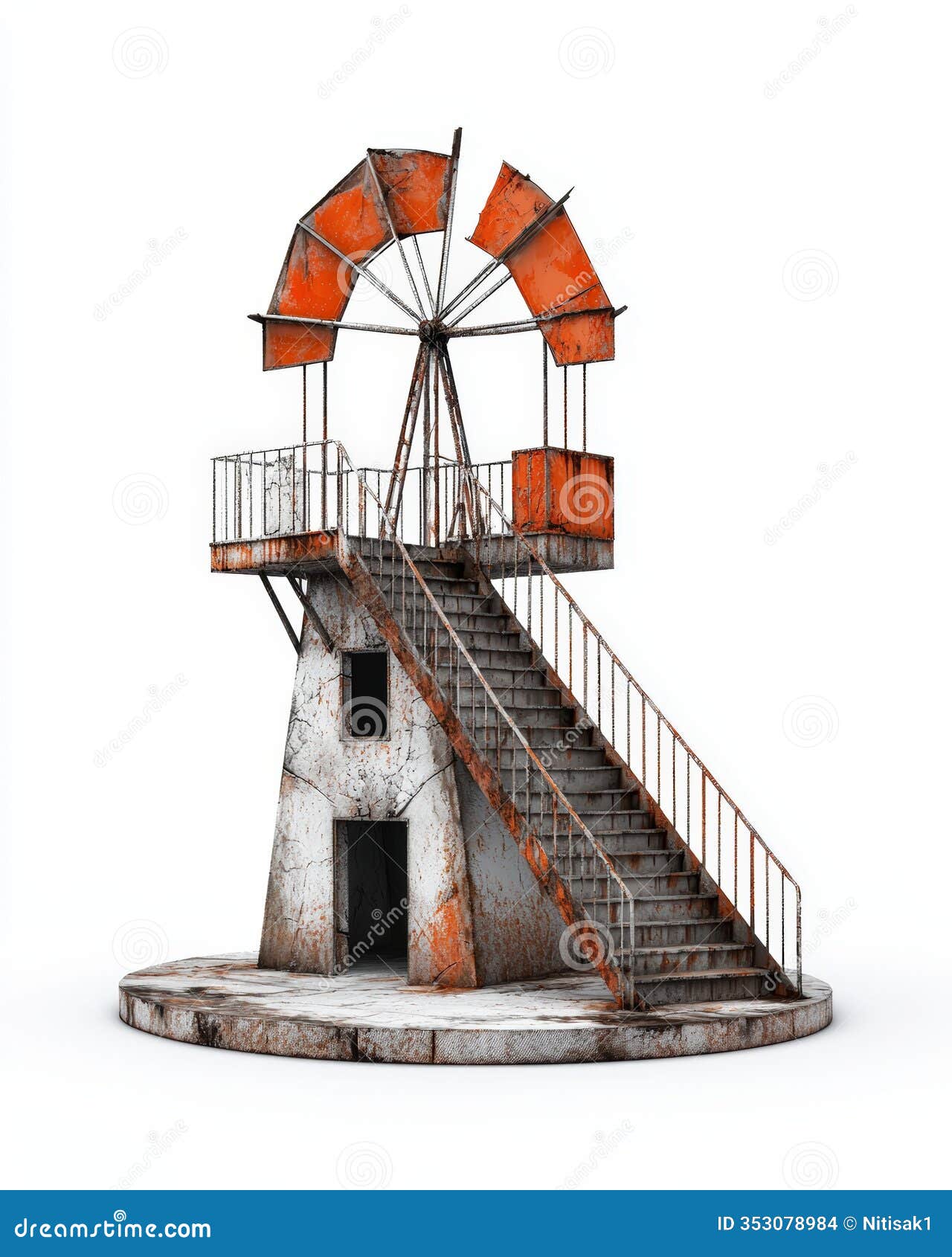 Rusty Windmill Structure with Orange Blades on a White Isolated ...