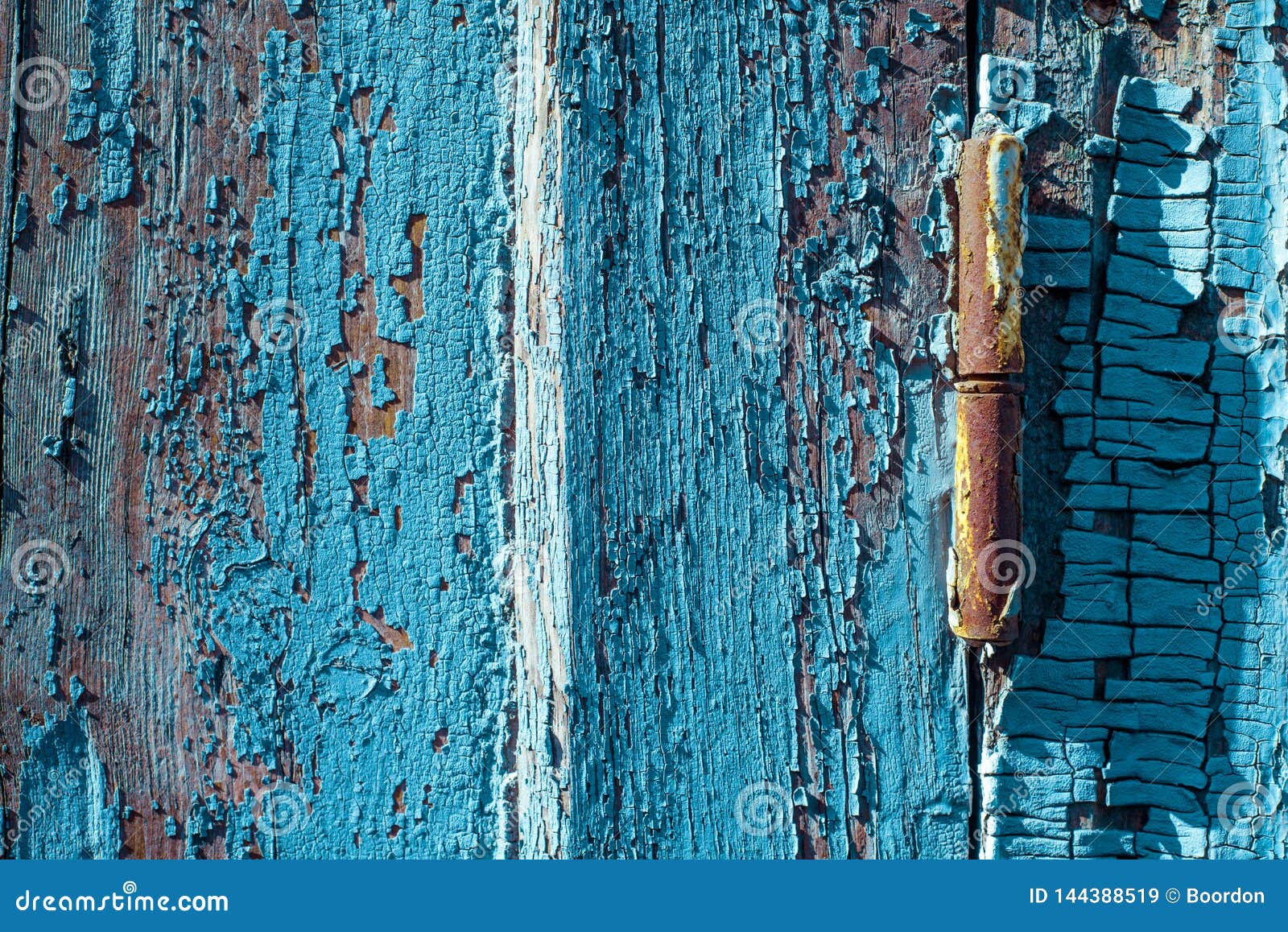 Rusty Window Hinge on Blue Wood Shutter with Cracked and Scratch ...