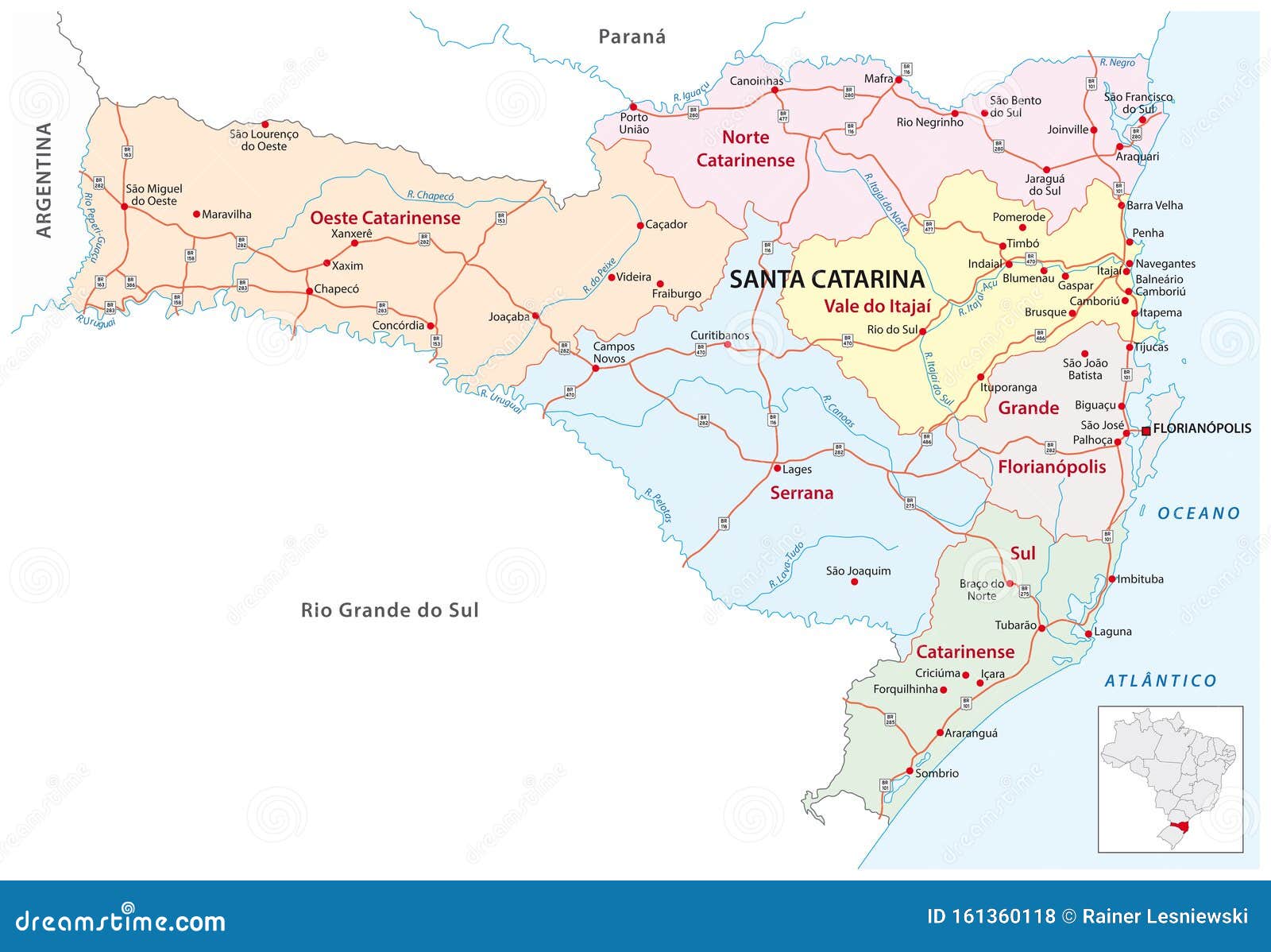 Ruta Santa Catarina Y Mapa Administrativo Brasil Ilustración Del Vector