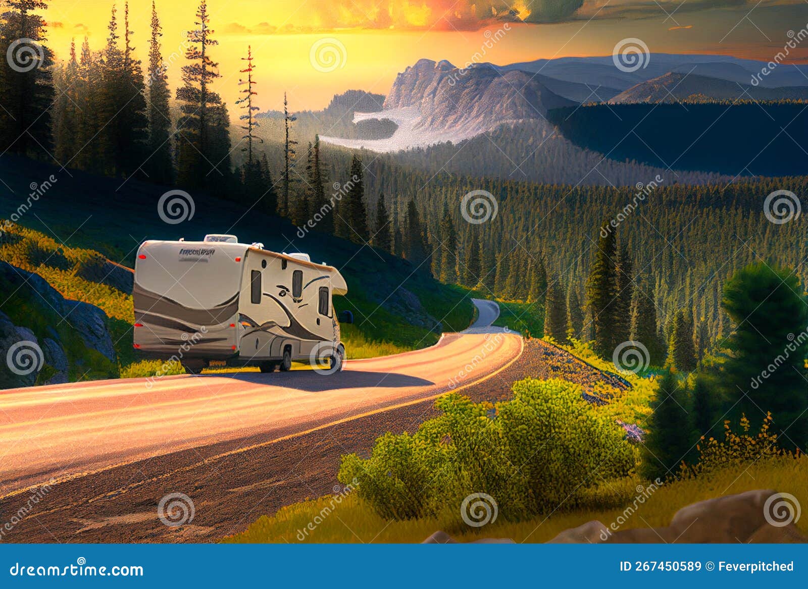 RV Camper Driving Down the Mountain Road - Gerative AI Stock Image ...