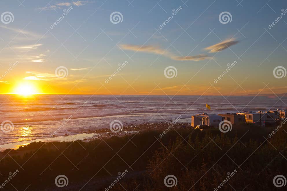 RV Campers on the Beach at Sunset Stock Photo - Image of light, motor ...