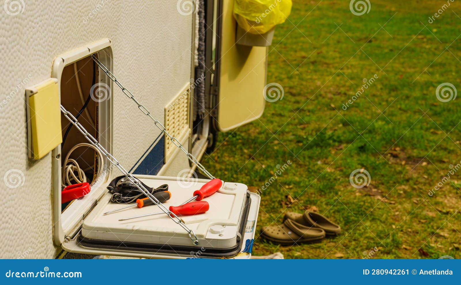 RV caravan repair stock image. Image of mobile, installation - 280942261
