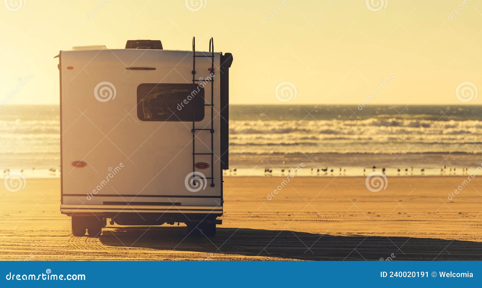 RV Motorhome Camping on a Beach Stock Image - Image of front, water ...