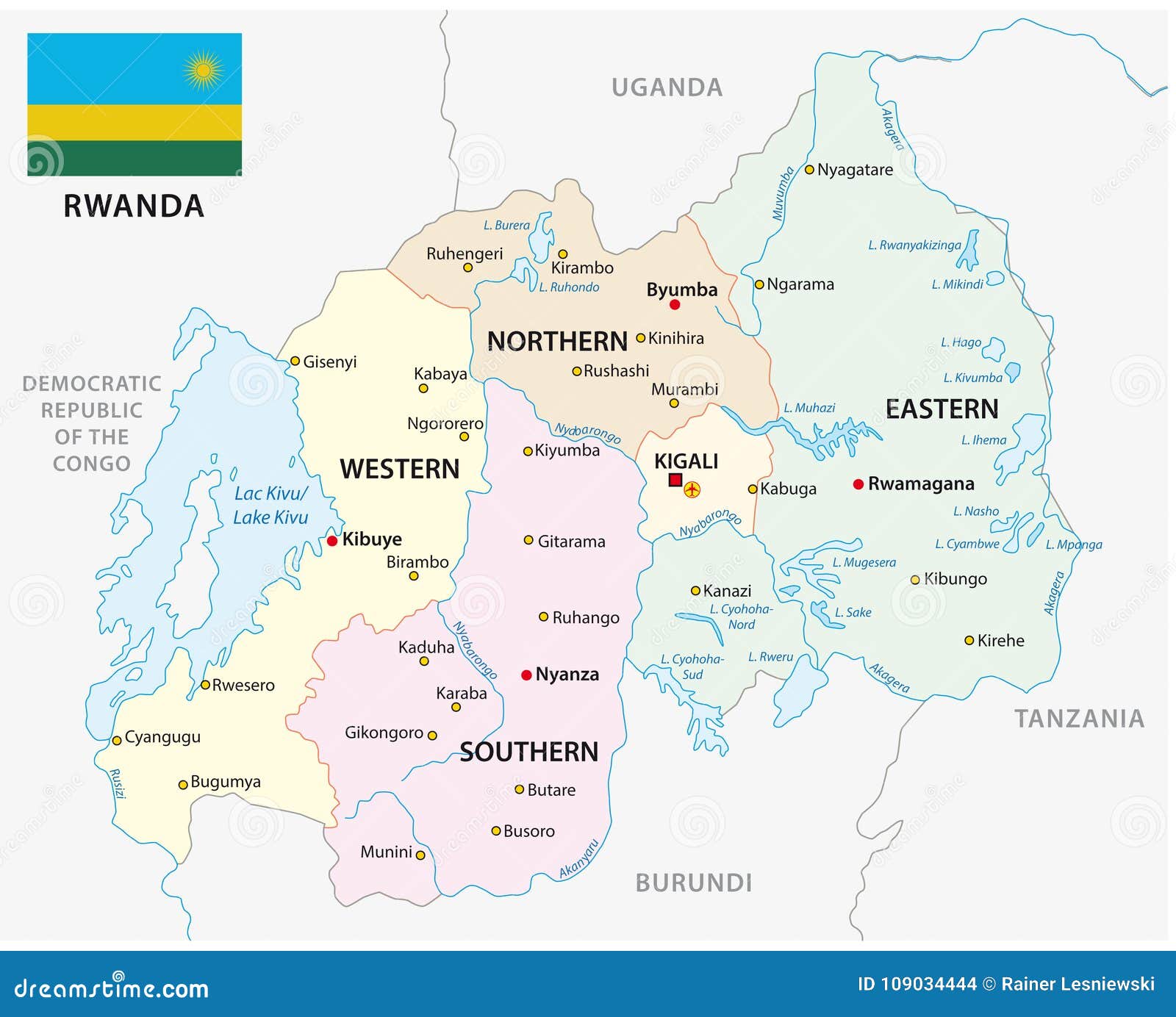 Rwanda Administrative and Political Vector Map with Flag Stock Vector ...