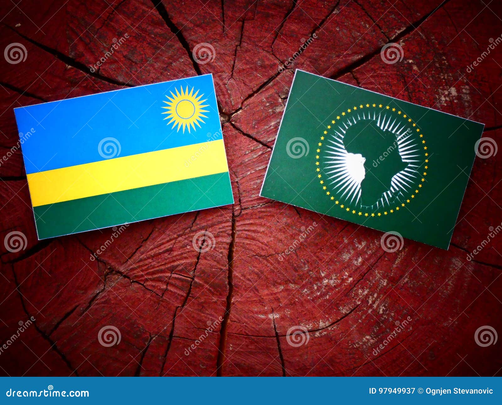 Rwanda Flag with African Union Flag on a Tree Stump Stock Image - Image ...
