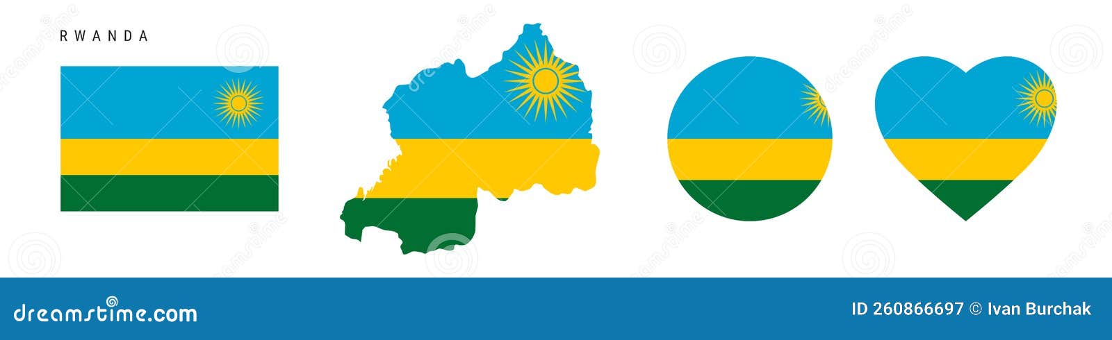Rwanda Flag in Different Shapes Icon Set. Flat Vector Illustration ...