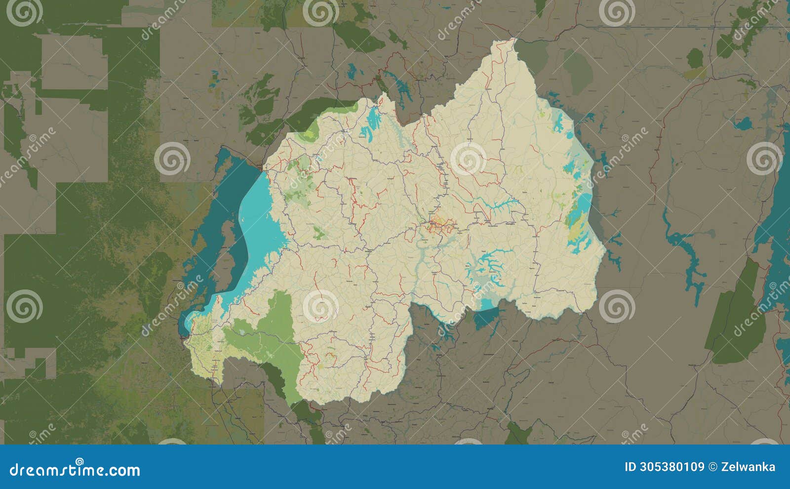 Rwanda Highlighted. Topo Humanitarian Stock Illustration - Illustration ...