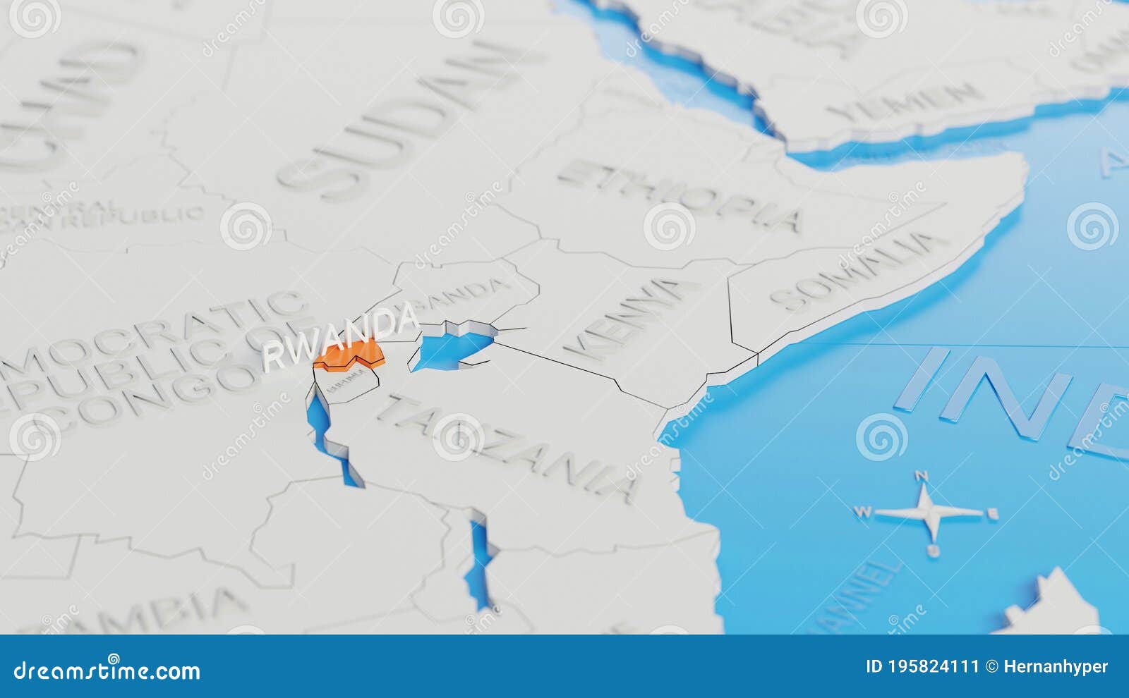 Rwanda Highlighted on a White Simplified 3D World Map. Digital 3D ...