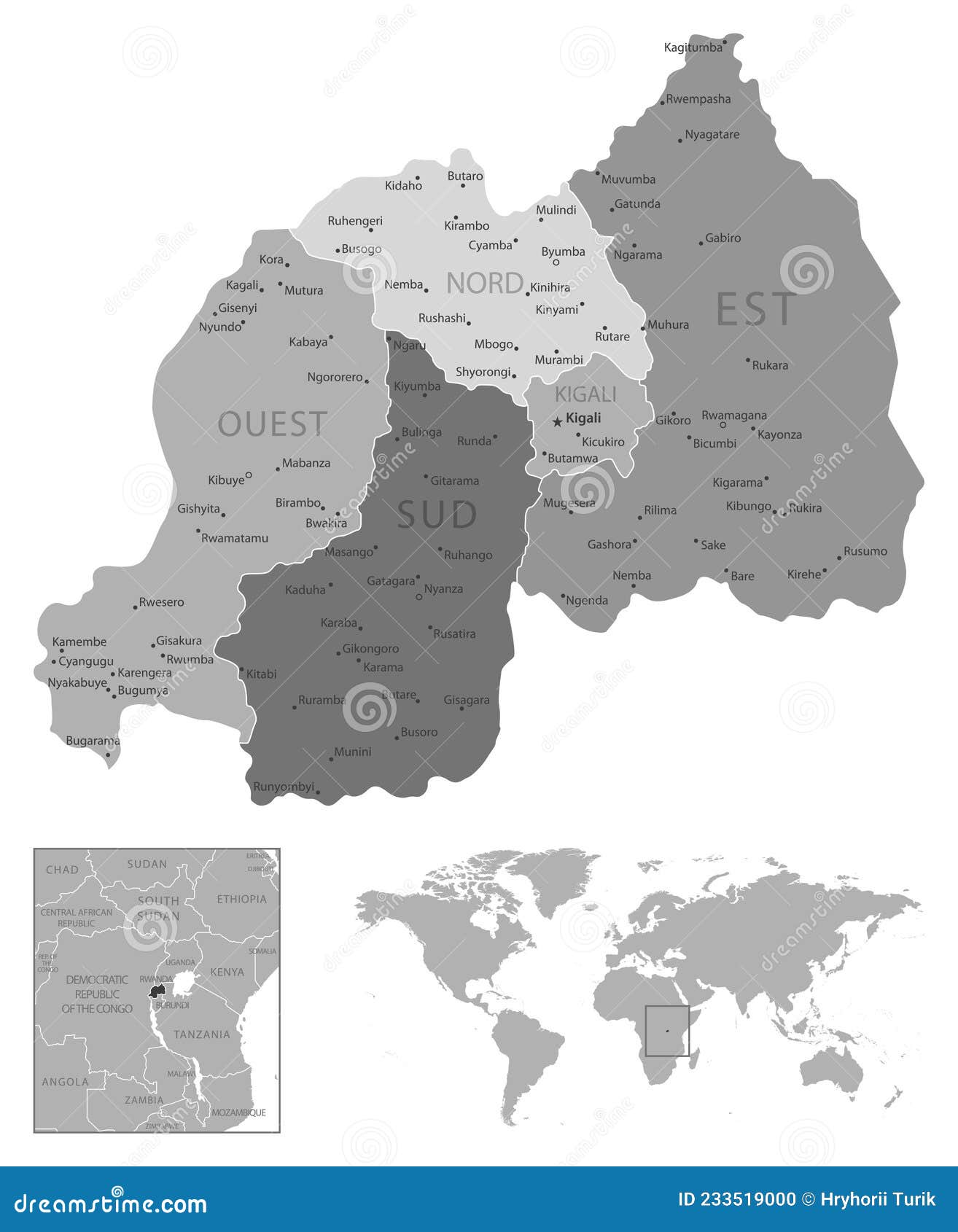 Rwanda - Highly Detailed Black And White Map. Vector Illustration ...