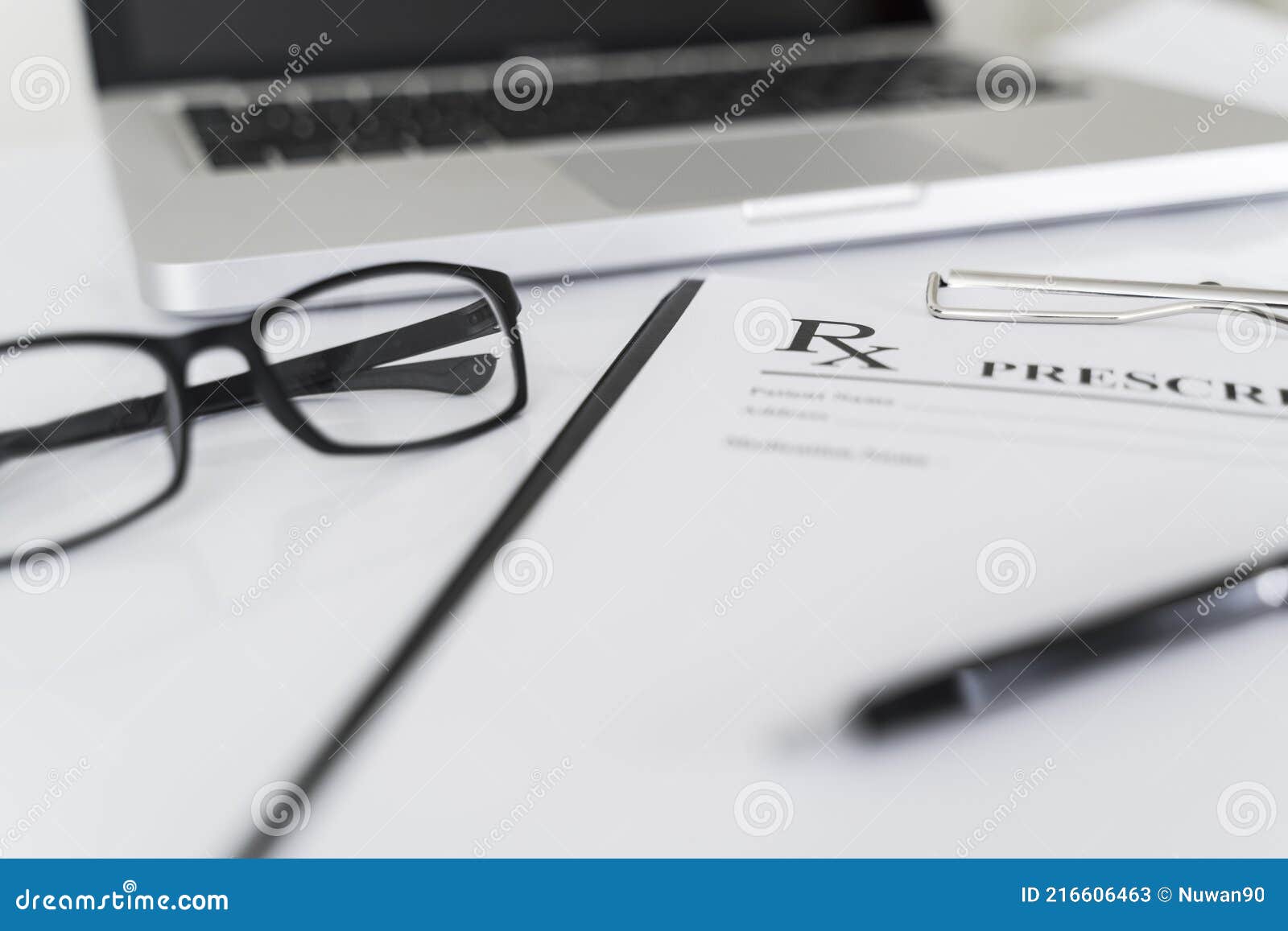 Rx Prescription, Laptop and Glasses on Pharmacy Work Table Stock Image ...