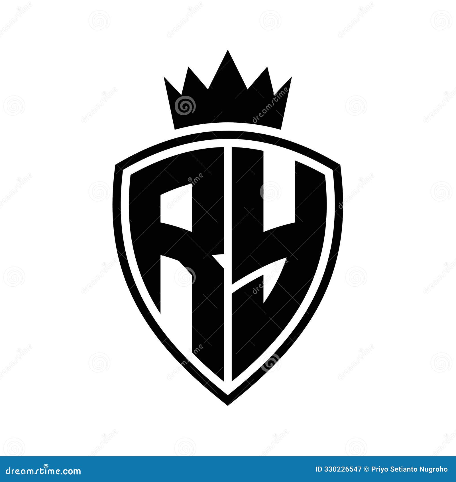 RY Letter Monogram Shield and Crown Outline Shape with Black and White ...