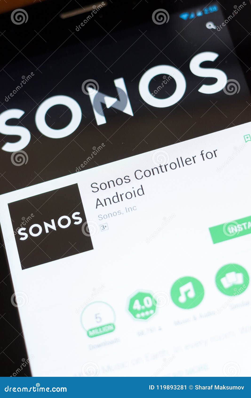 Ryazan, Russia - June 24, 2018: Sonos Controller for Android Mobile App on the Display of Tablet ...