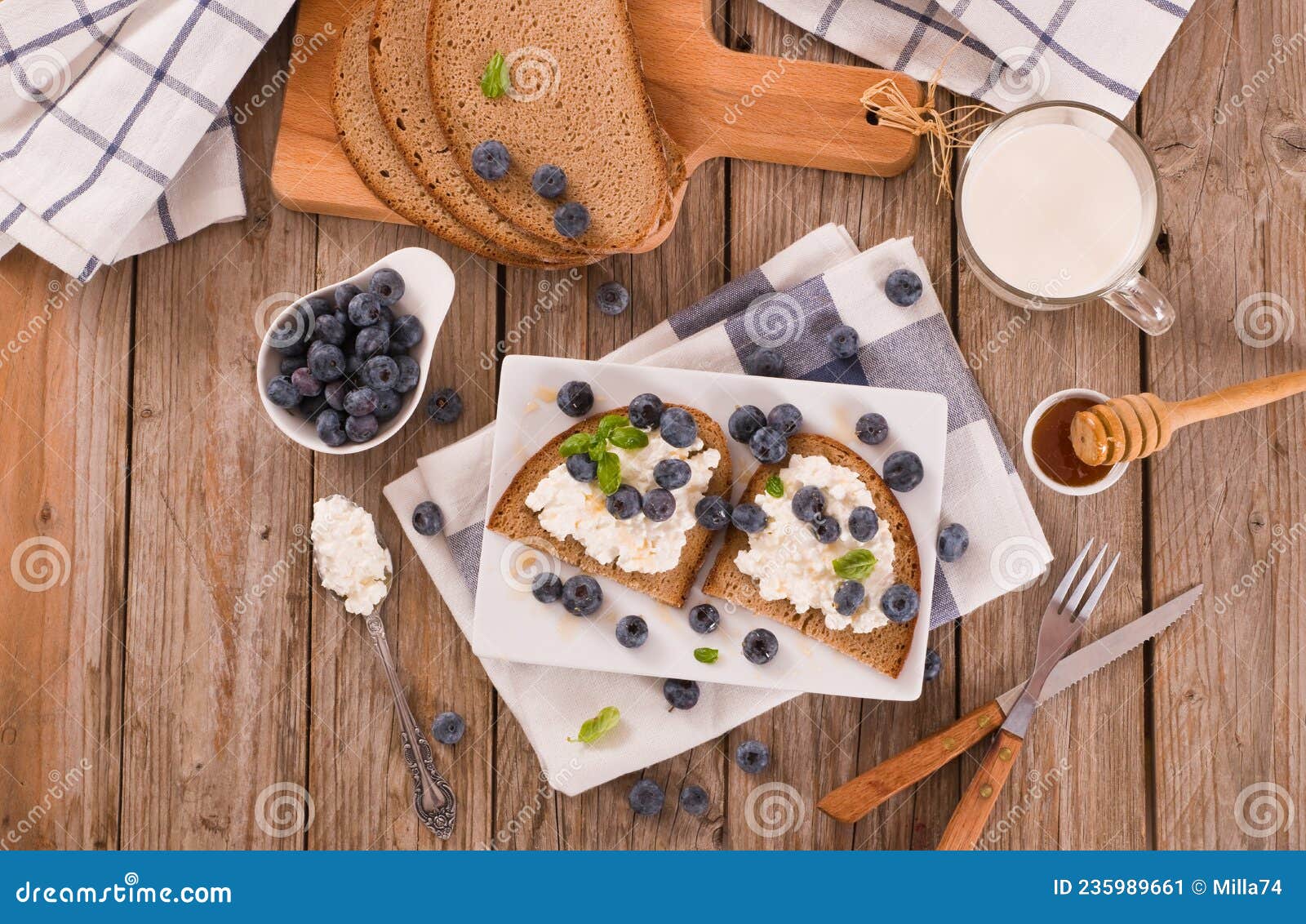 Rye Bread with Cottage Cheese, Blueberries and Honey. Stock Image ...