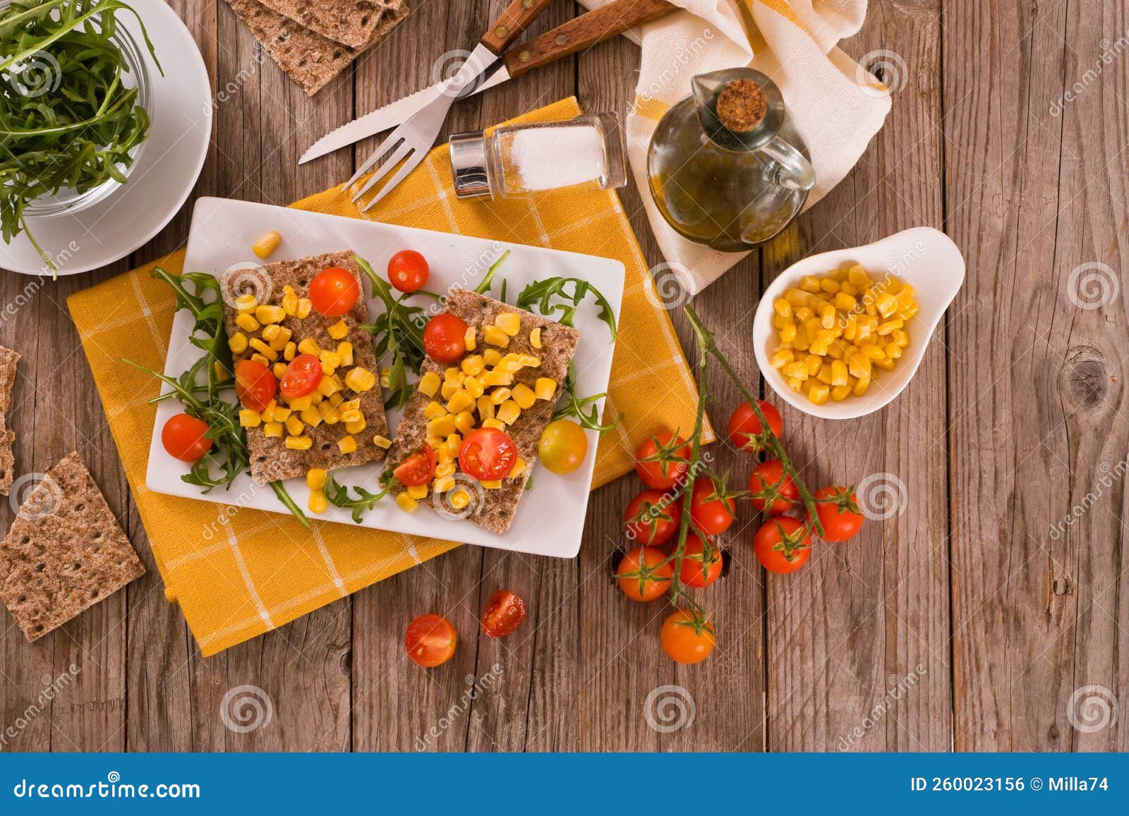 Rye Bread with Sweet Corn, Basil and Tomato. Stock Photo - Image of ...