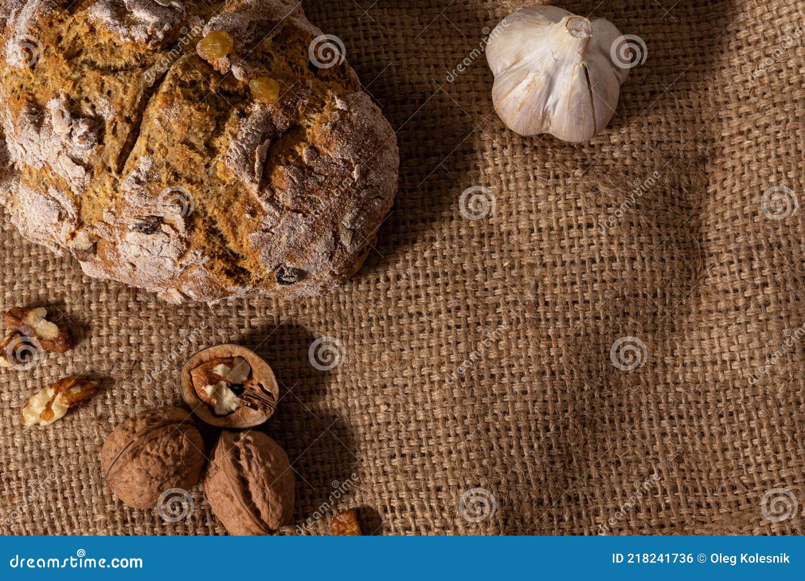 Rye Bread with Walnuts and Garlic on the Sack Stock Photo - Image of ...