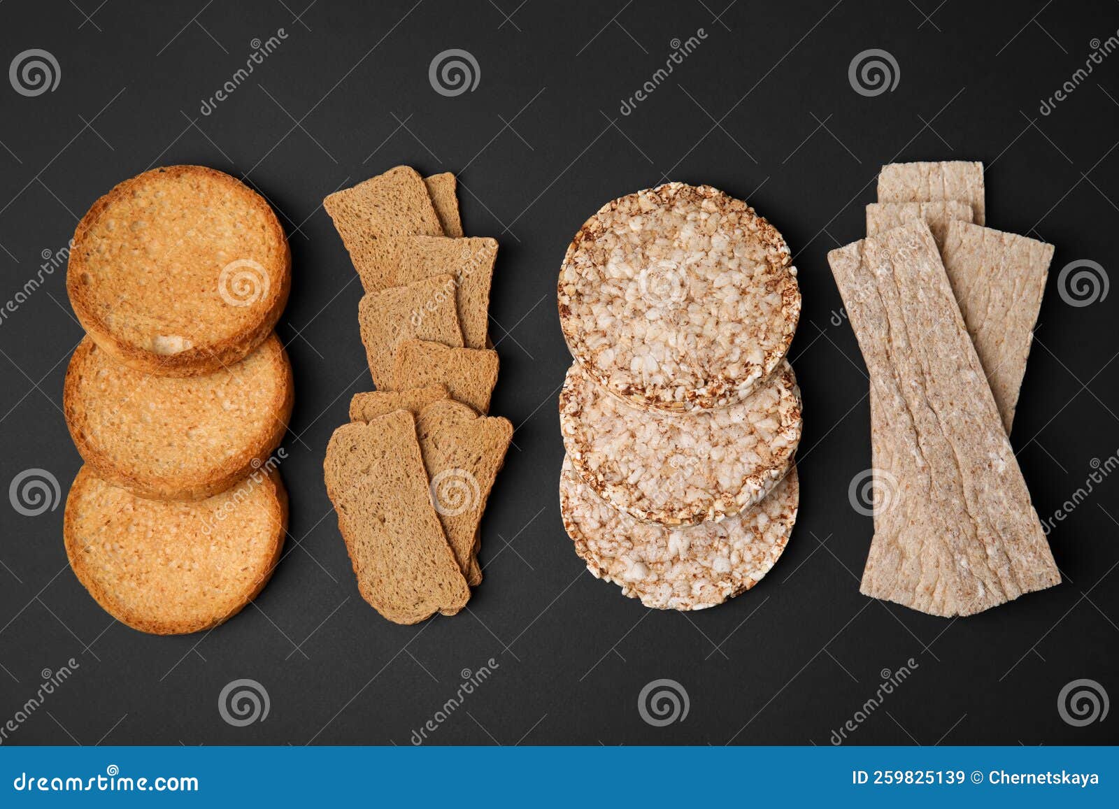 Rye Crispbreads, Rice Cakes and Rusks on Black Background, Flat Lay ...