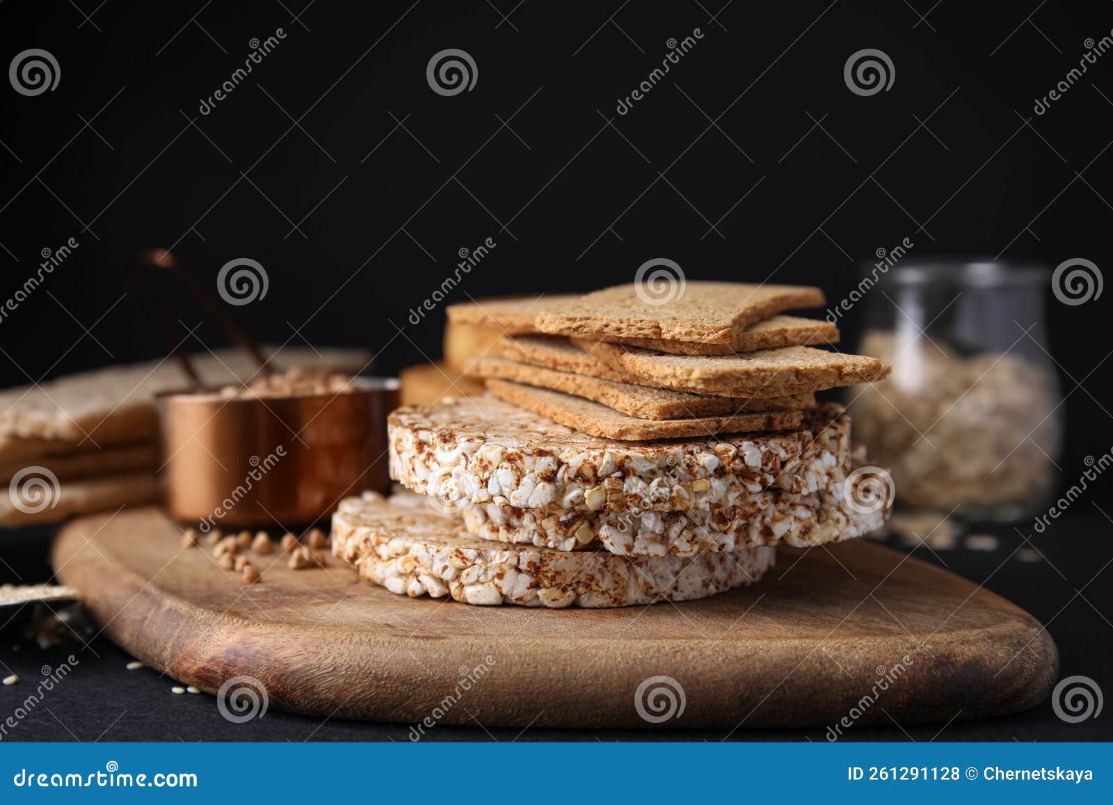 Rye Crispbreads, Rice Cakes and Rusks on Black Table Stock Photo ...