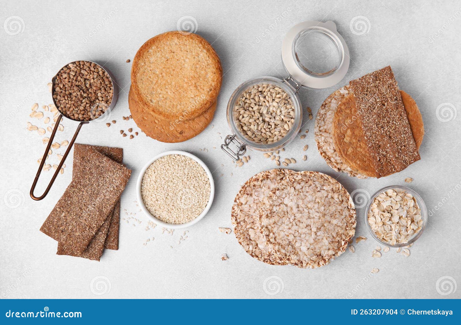 Rye Crispbreads, Rice Cakes and Rusks on White Table, Flat Lay Stock ...