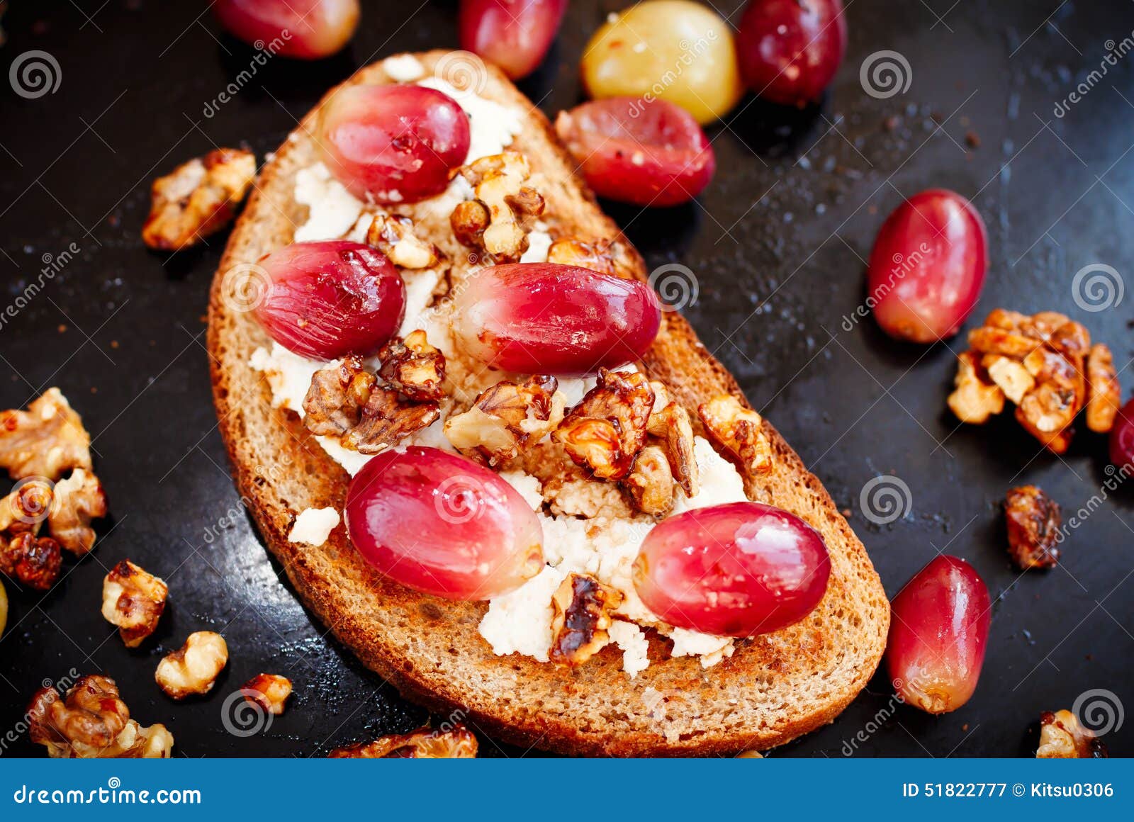 Rye Toast with Baked Red Grape, Walnut and Ricotta Stock Image - Image ...