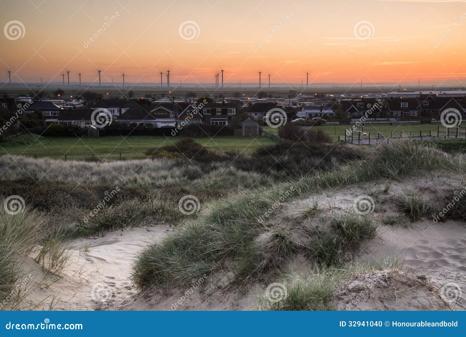 Rye Wind Farm Viewed from Camber Sands. Stock Photo - Image of village ...