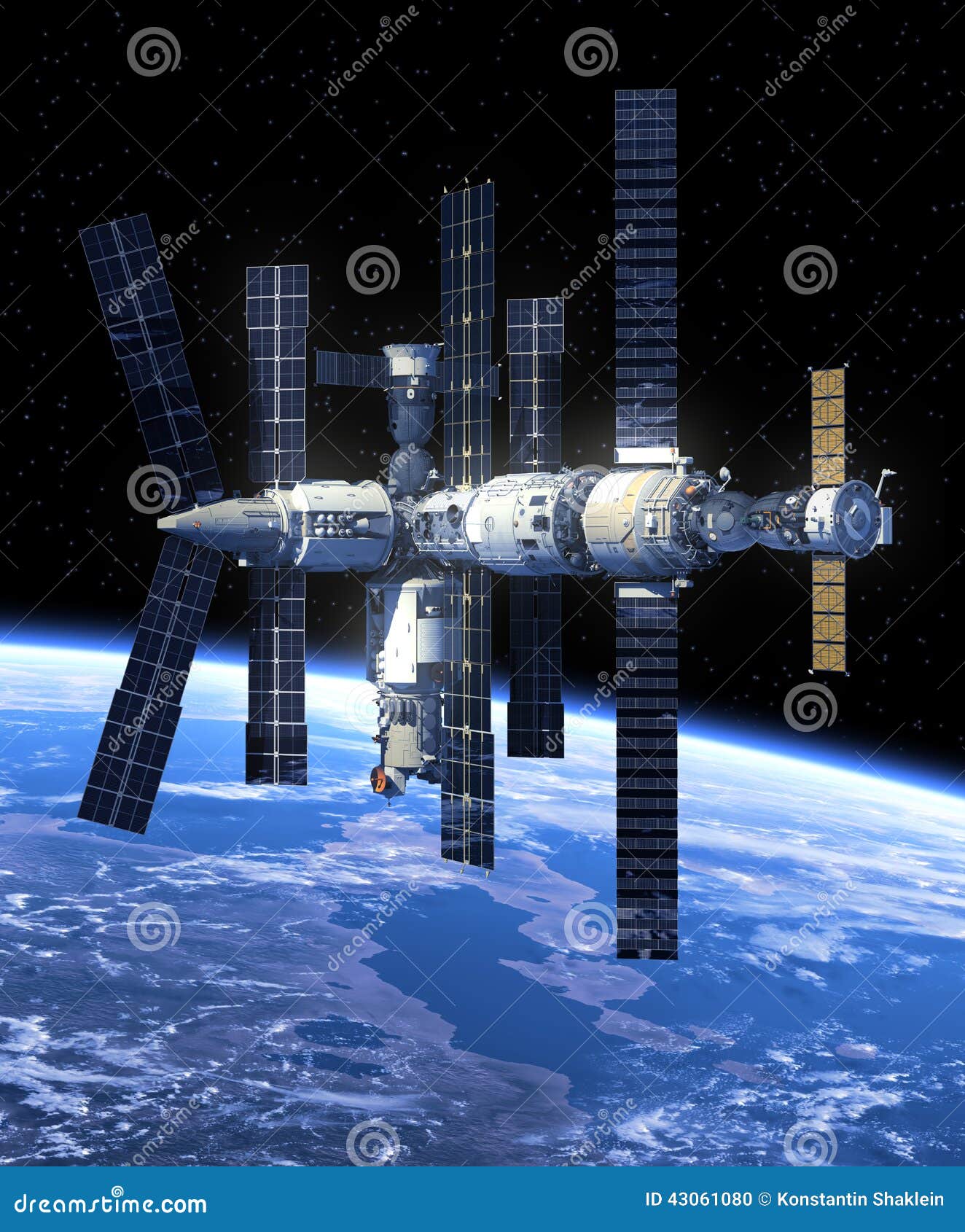 Rymdstation i utrymme stock illustrationer. Illustration av galax ...