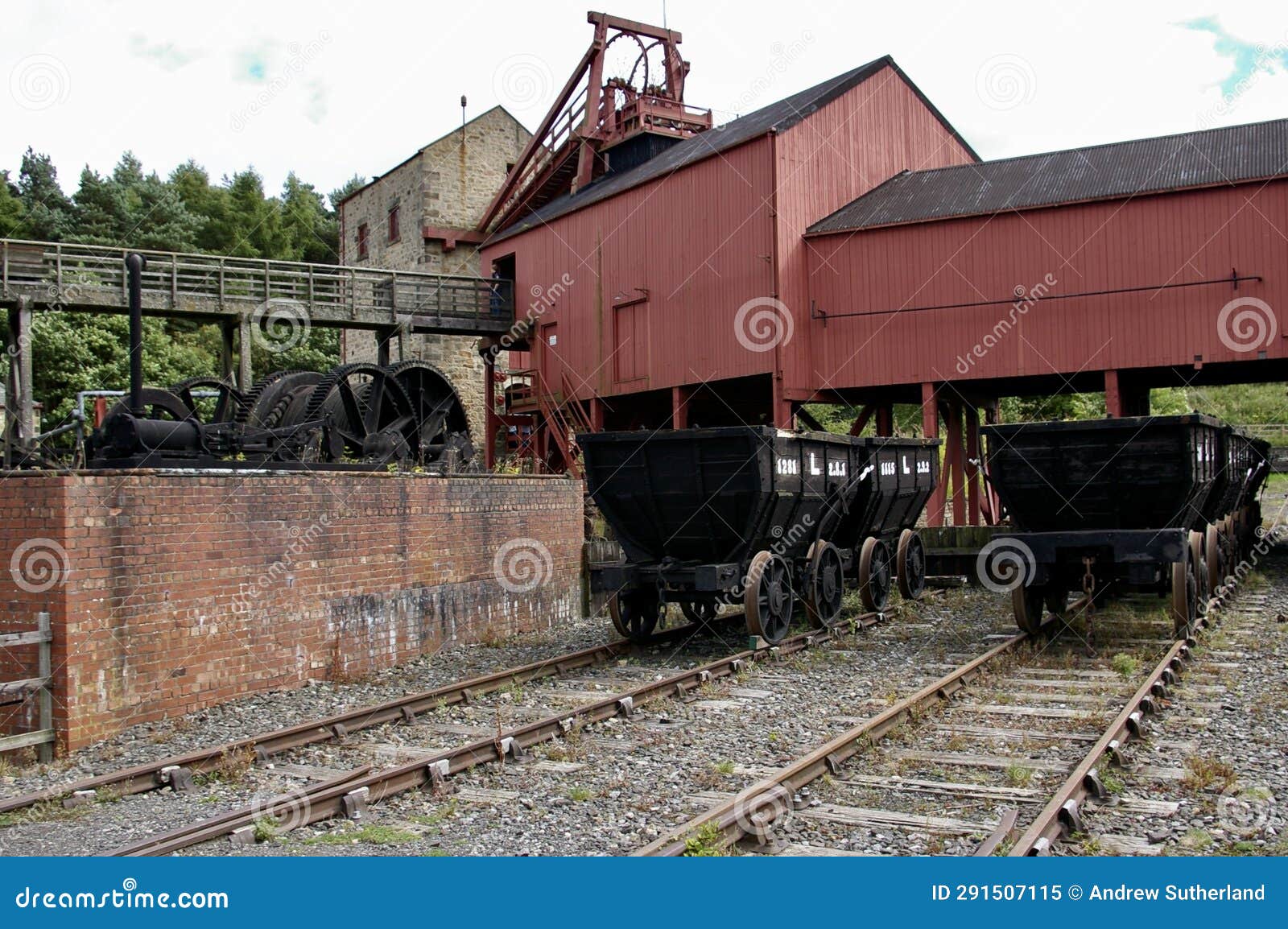 The 1900s Colliery Pit Head with Rail Coal Trucks. Beamish, Stanley, UK ...