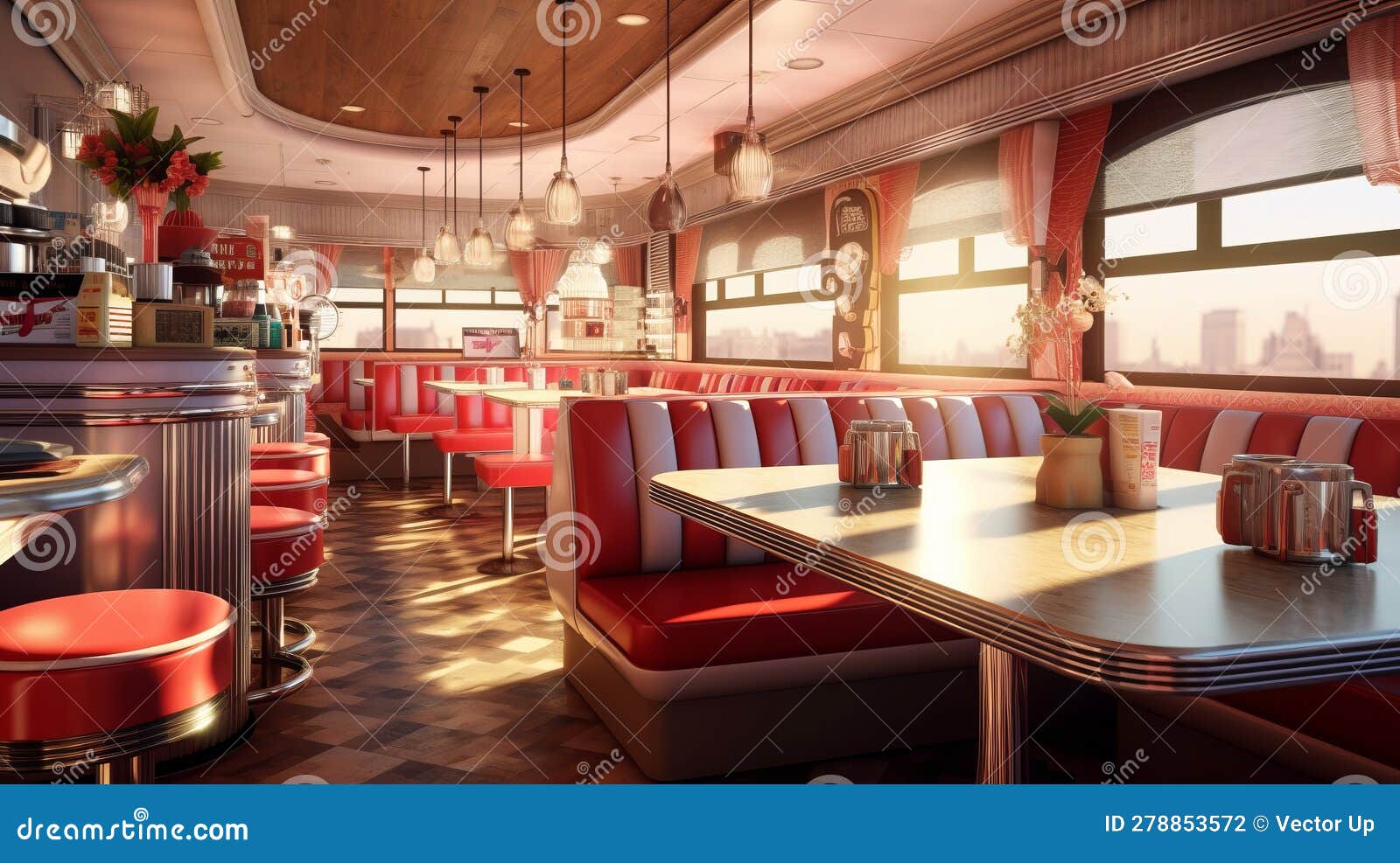 1950s Diner with a Wooden Table. Generative AI Stock Illustration ...