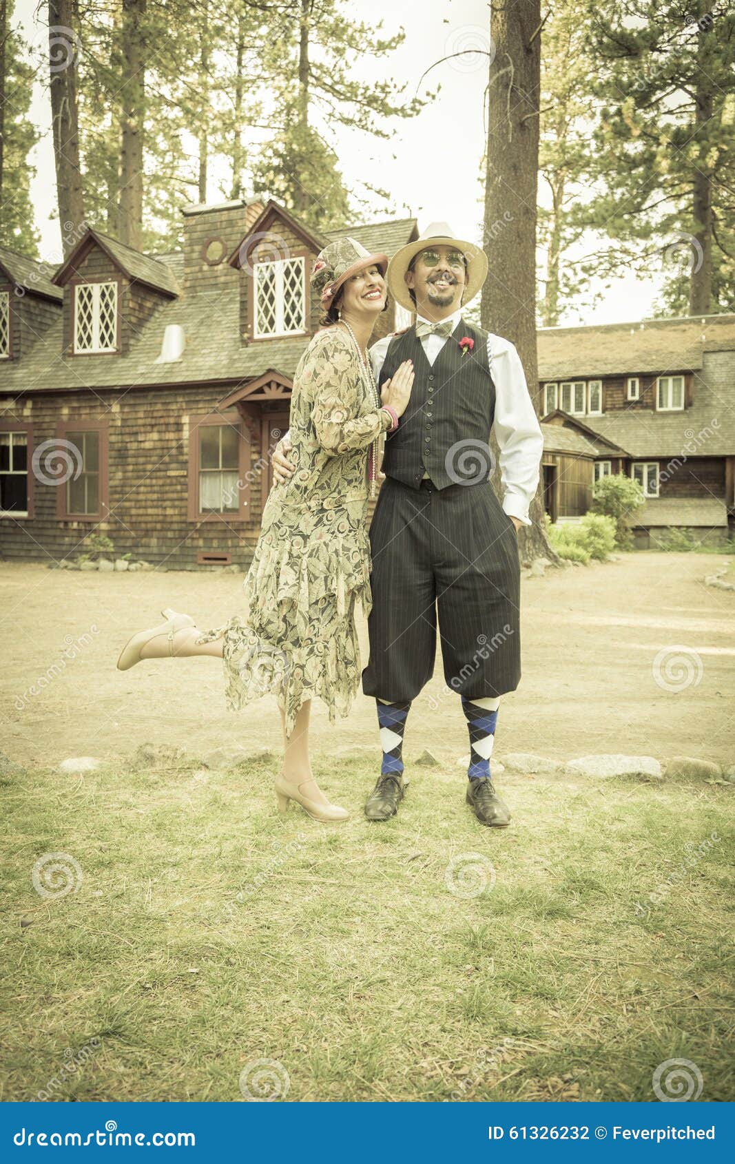 1920s Dressed Romantic Couple in Front of Old Cabin Stock Photo - Image ...