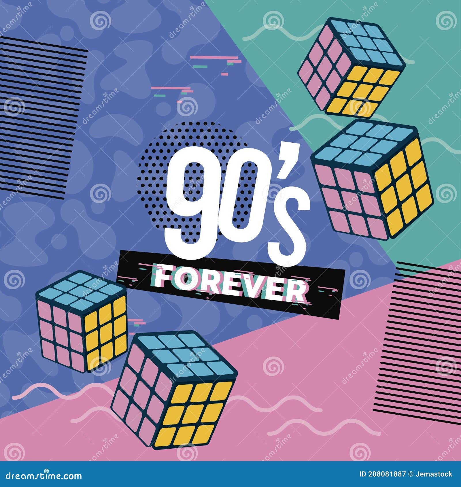 90s Forever Lettering with Rubik Cube Abstract Background Stock Vector ...