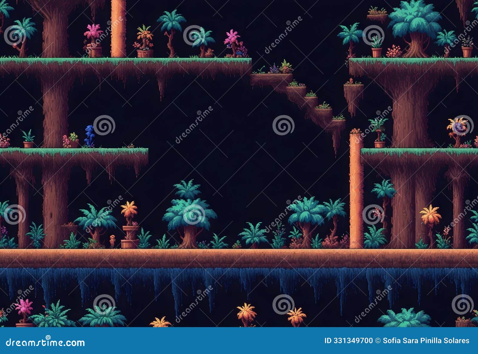 80s Generic Jungle Themed Platform Video Game Level in Pixel Art Stock Illustration ...