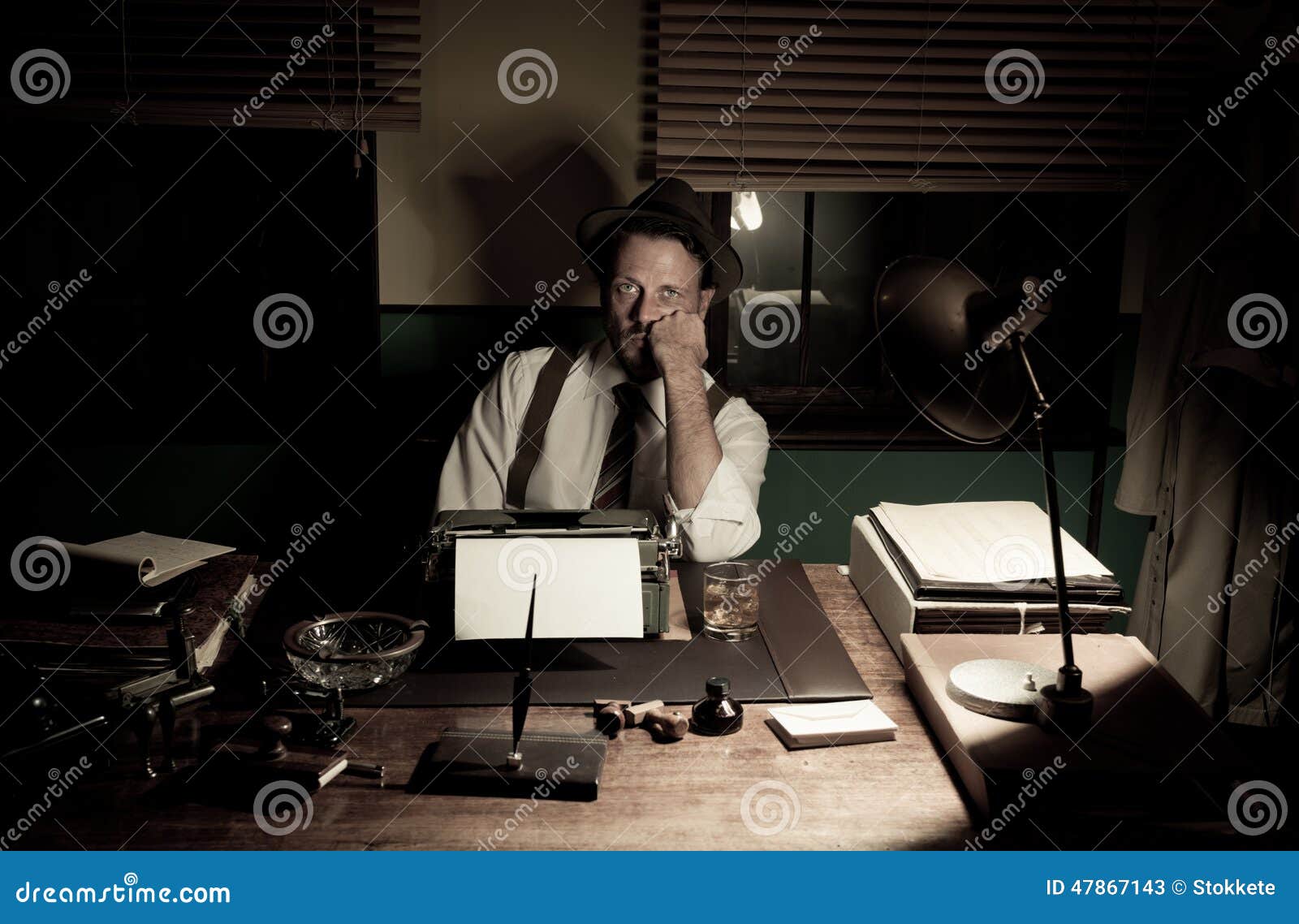 1950s Journalist Working Late at Night Stock Image - Image of ...