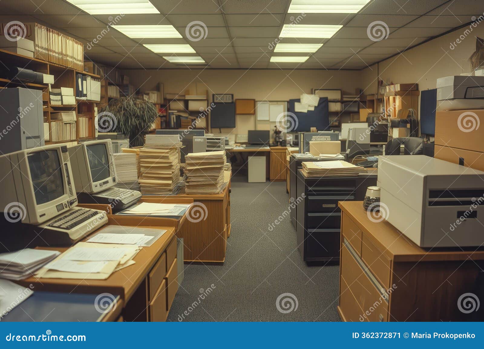 1990s Office Interior With Cubicles, CRT Monitors, And Cluttered Desks ...