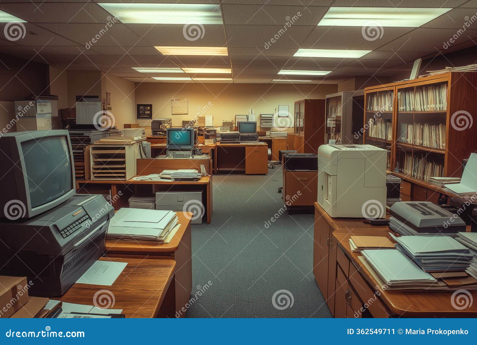 1990s Office Interior With Cubicles, CRT Monitors, And Cluttered Desks ...