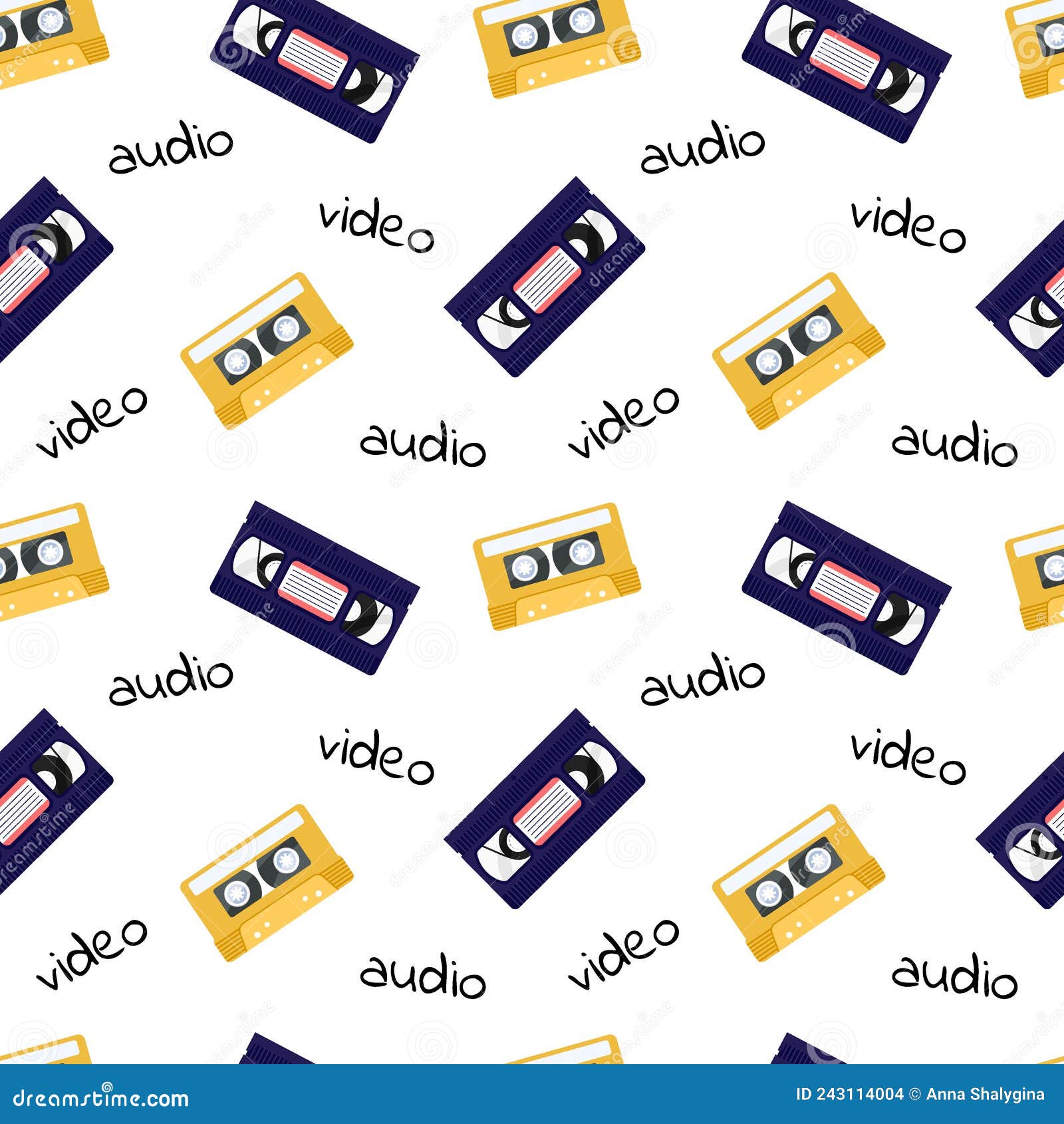 90s Pattern. Retro Seamless Background with Video and Audio Tapes. VHS ...