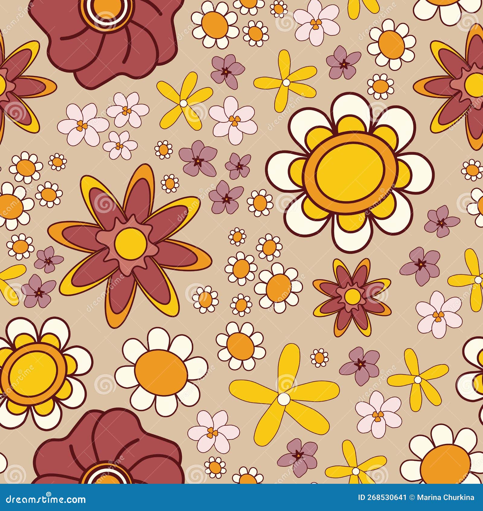 70s Groovy Pattern with Flowers on Biege Stock Vector - Illustration of ...