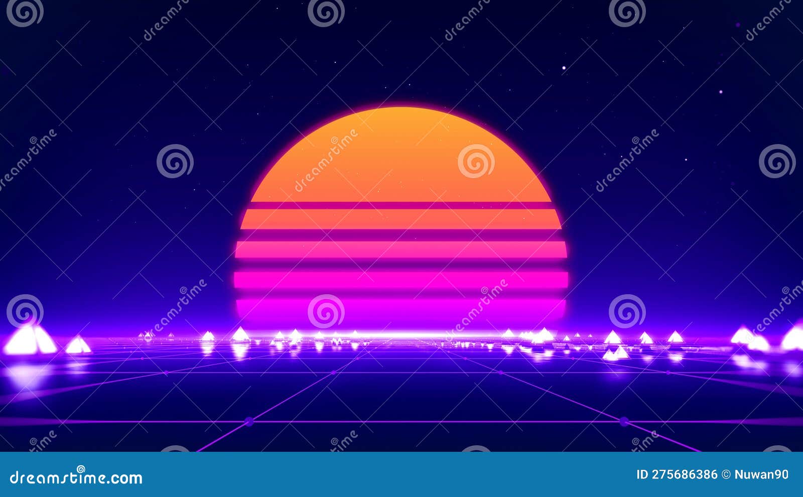80s Retro Background with Sunset, Star and Summer Landscape Terrain ...