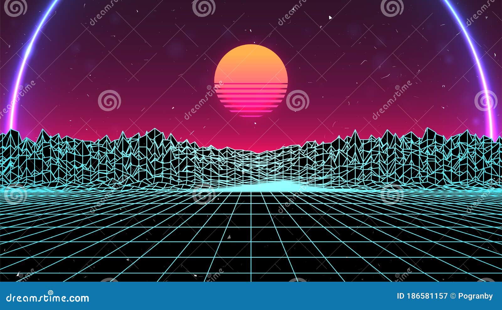 80s Retro Background. Virtual 3d Sunset Over Wireframe Computer ...